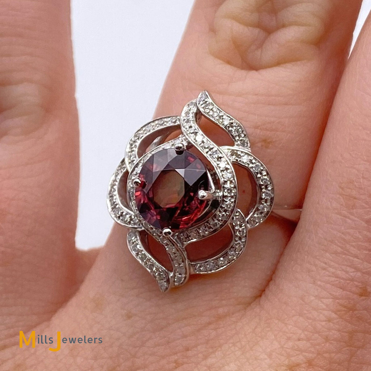 14K White Gold 0.90ct Red Tourmaline 0.36cts Diamond Cocktail Ring Siz ...